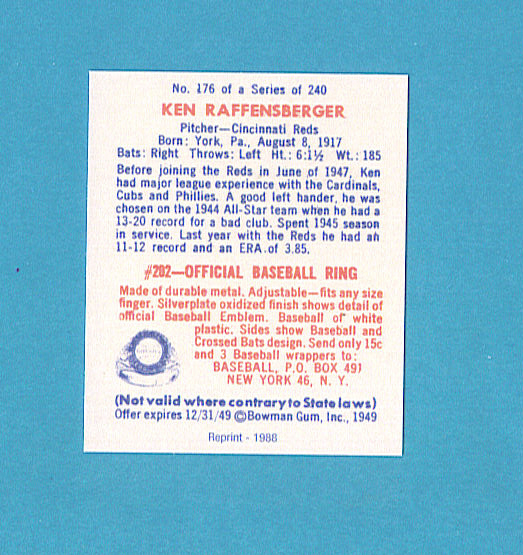 1949 Bowman Reprint #176 Ken Raffensberger Card - Cincinnati Reds | eBay