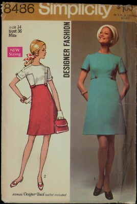 60s Sz 14 B 36 Raised Waist Designer Fashion Dress Simplicity 8486 ...