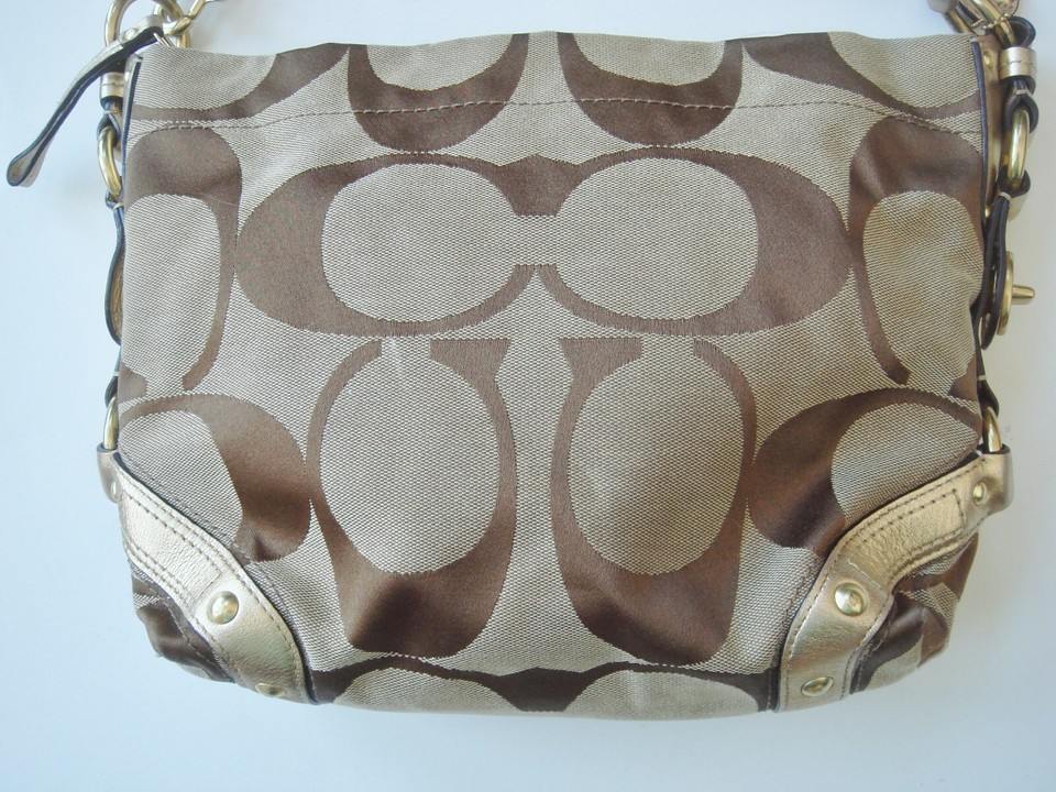 COACH Tan Khaki Signature Canvas and gold Metallic Leather Handbag ...