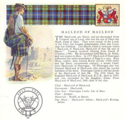 MacLeod of Macleod. Scotland Scottish clans tartans arms badge 1963 old ...