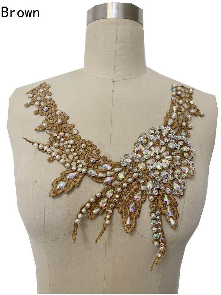 Lace Applique Rhinestone Beaded Embroidery Neckline Collar Trim Wedding ...