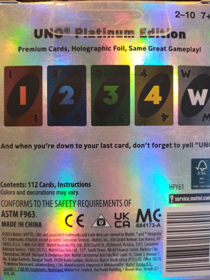 UNO Mattel UNO Platinum Edition Card Game Premium Holographic Foil ...