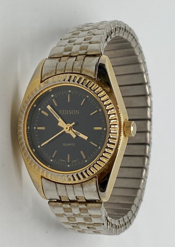 VTG EDISON Ladies Quartz Watch Black Dial Silver/Gold 6” Expansion Band ...