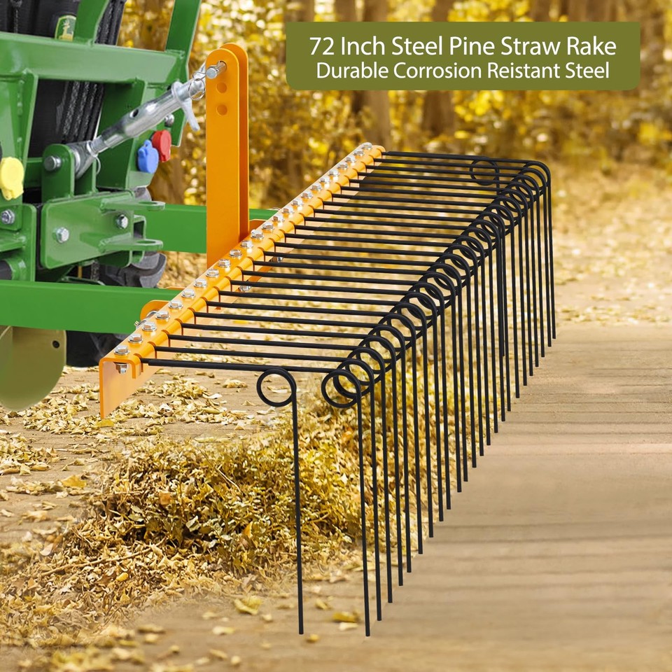 72" Pine Straw Rake ,Tow Behind Landscaping Rake 3 Point Hitch for Cat ...