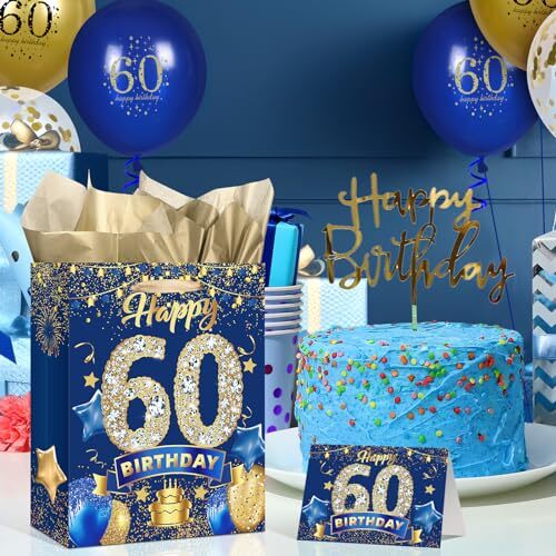 Blue 60th Birthday Gift Bag, Large Navy Blue and Gold 60th Blue Gold ...