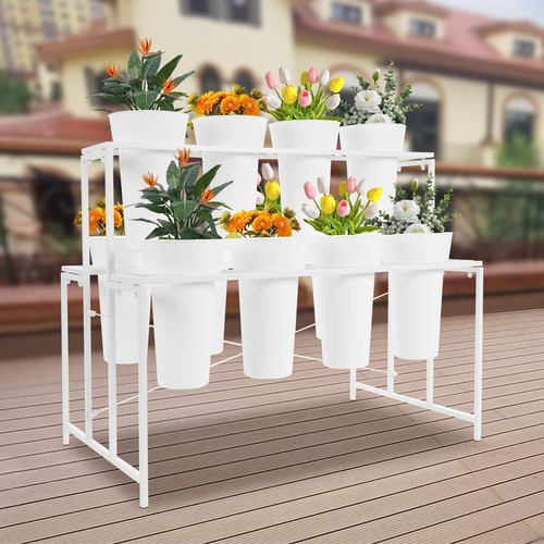 Flower Display Stand W/ 12 buckets (White Shelf + White Round Bucket) 2 ...