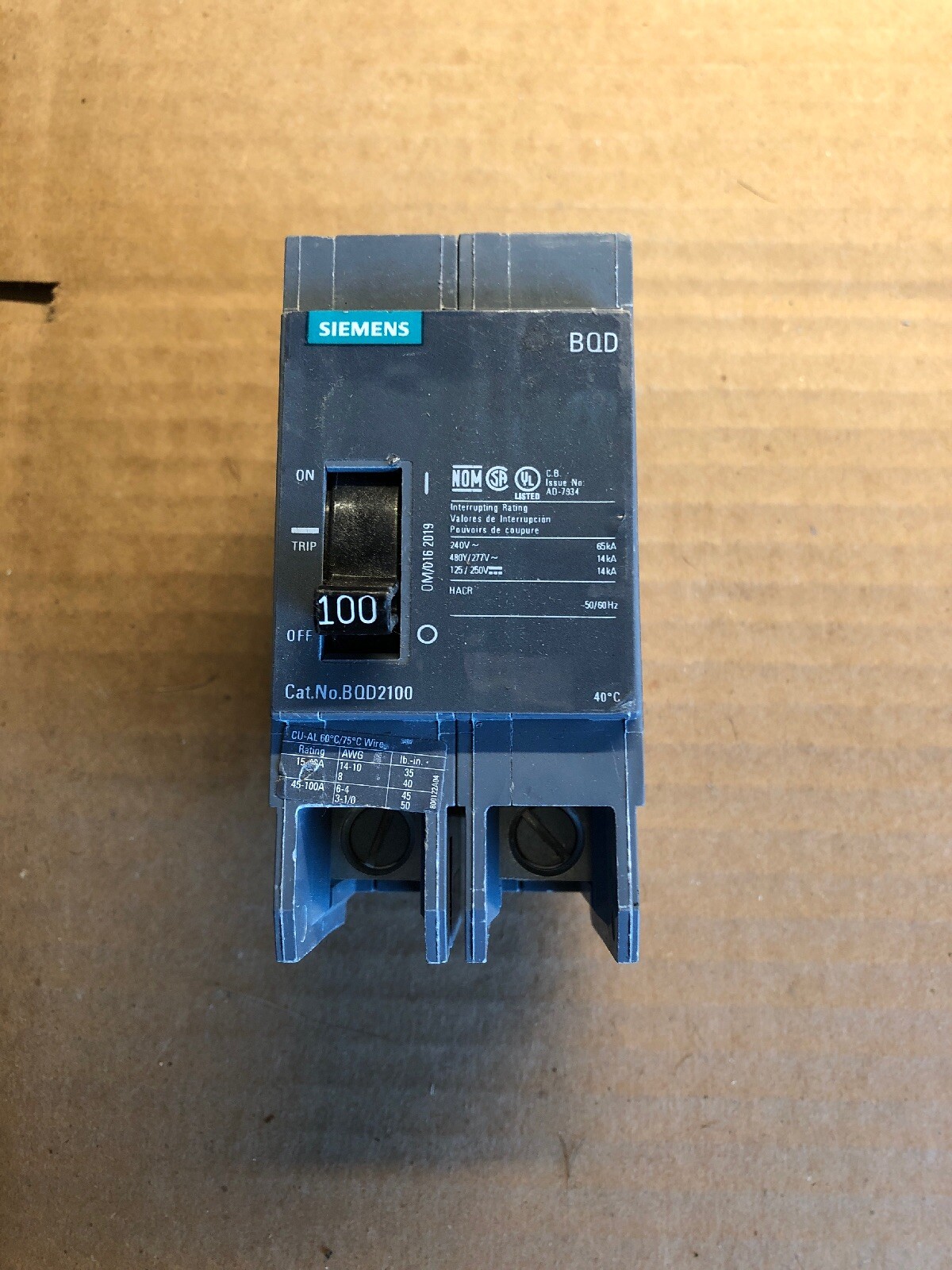 SIEMENS Type BQ BQD Circuit Breaker 2 Pole 100 Amp BQD2100 New Take Out ...
