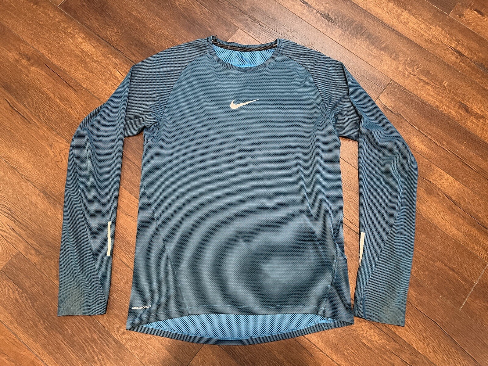 Nike Aeroreact Running Shirt Blue Long Sleeve Crew Thumb Holes Men XL ...