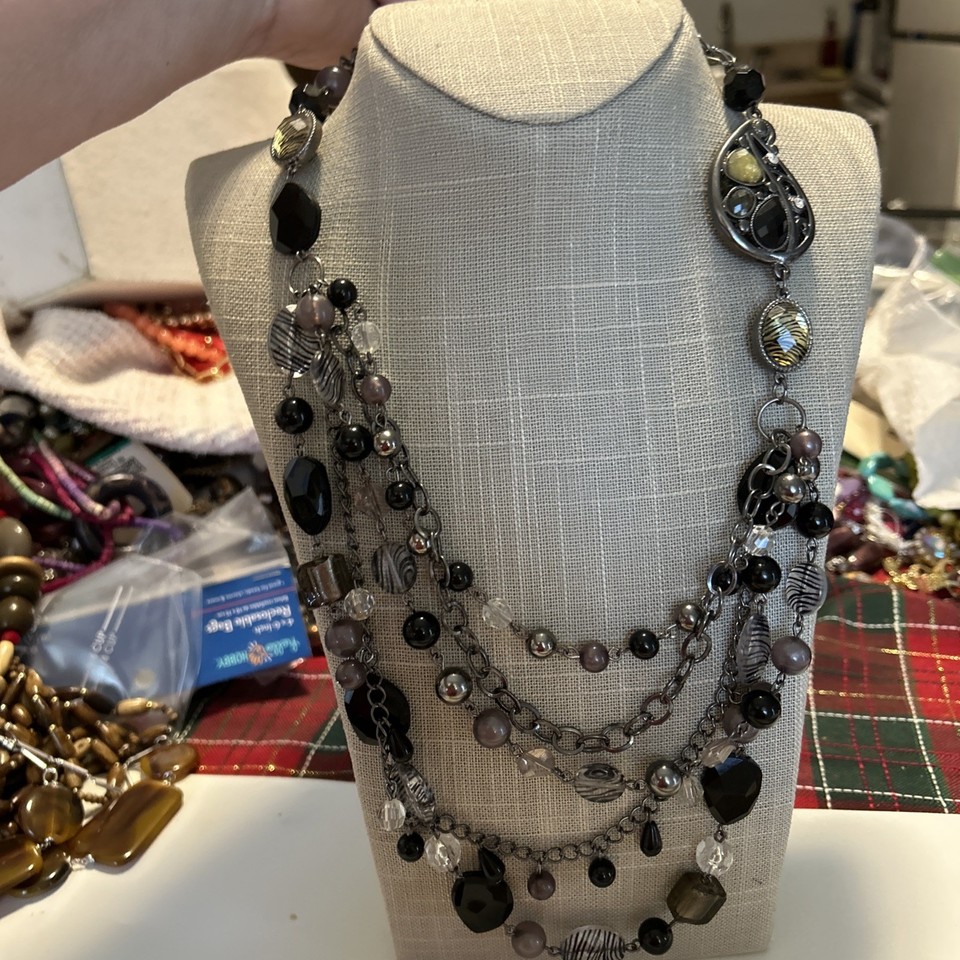 32” Black & Silver Bead 5 Layer Necklace | eBay