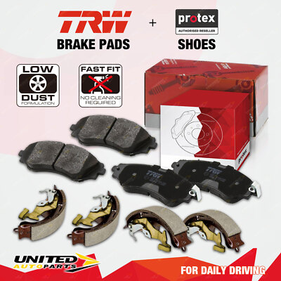 Front Rear TRW Disc Brake Pads + Protex Brake Shoes for Mazda 2 DJ 14 ...