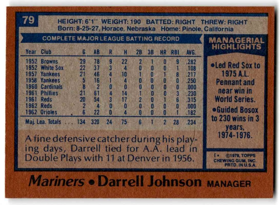 1978 Topps Darrell Johnson Seattle Mariners #79 | eBay
