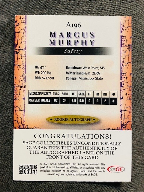 2021 Sage Premier Draft #A196 Marcus Murphy Rookie RC Auto Autograph ...