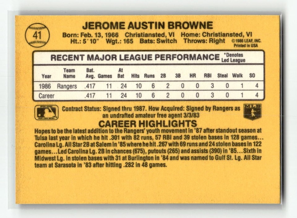 1987 Donruss Jerry Browne Rated Rookie #41 Texas Rangers BASEBALL | eBay
