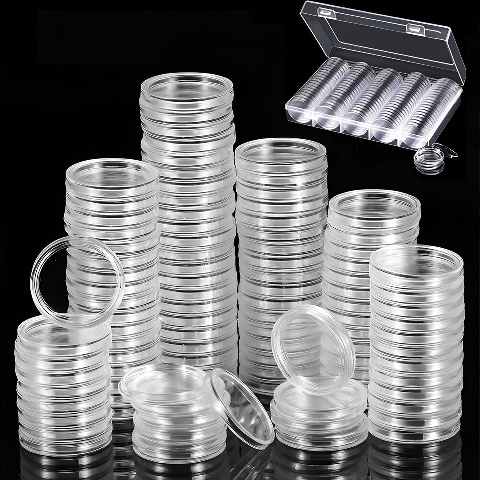 100Pcs 30mm Coin Capsule Container Storage Box Holder Case Clear Round ...
