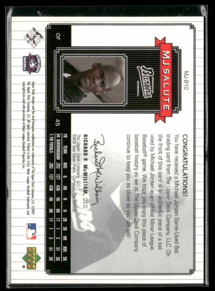 2001 Upper Deck Minors Centennial #MJ-B10 Michael Jordan MJ Game Bat | eBay