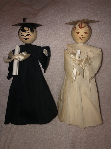 Vintage Spun Cotton Head Graduation Dolls 9” Boy & Girl Crepe Paper ...