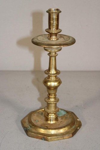 A FANTASTIC EARLY 17TH C SPANISH BRASS MID DRIP CANDLESTICK IN THE BEST ...