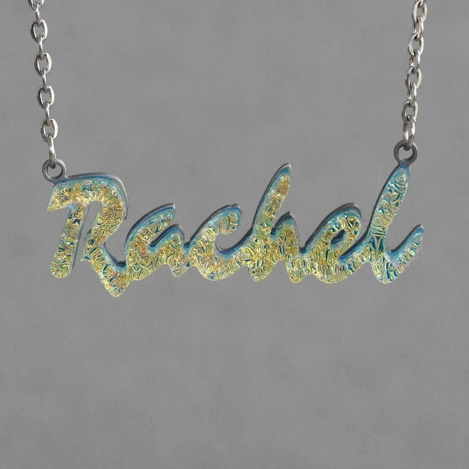 Rachel Name Necklace Personalized Jewelry Chartreuse Color Dichroic ...