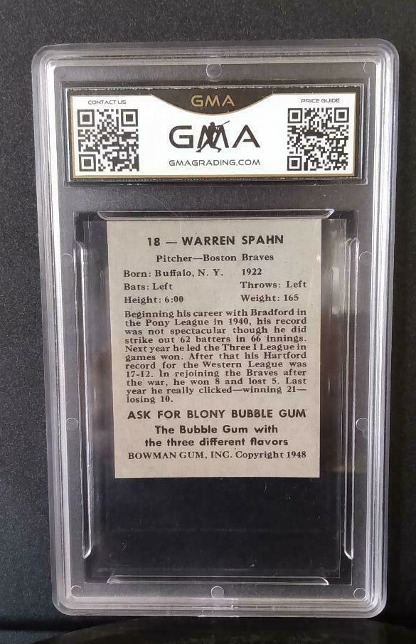 1948 Bowman Warren Spahn Rookie Card RC Reprintt #18 GMA 10 Gem Mint | eBay