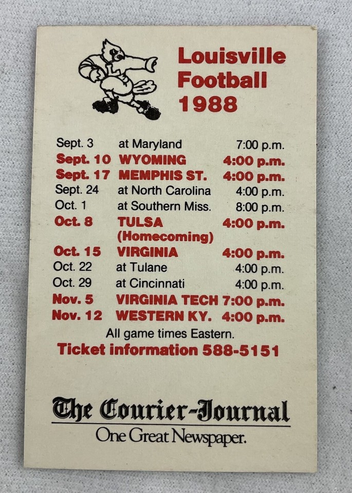 CFB Louisville Cardinals 1988 Football Schedule Card-Courier-Journal | eBay
