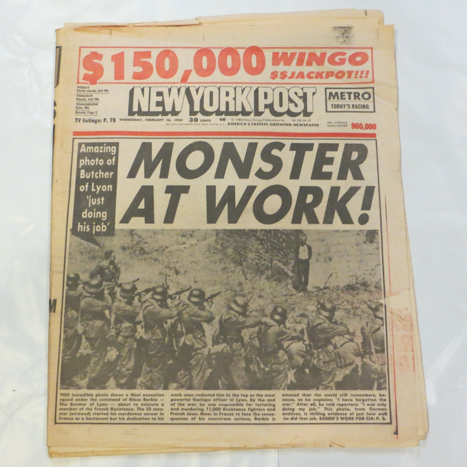 New York Post February 16 1983 Butcher of Lyon Monster at work Nazi ...