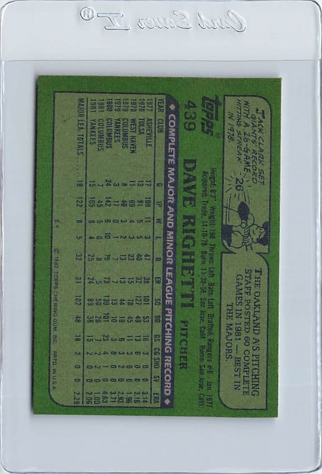 1982 Topps Dave Righetti Rookie # 439 NM-MT to MINT | eBay