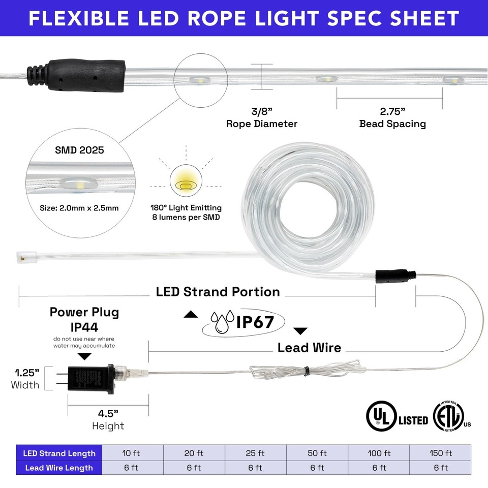 8-Mode LED Rope Light Outdoor Waterproof Lighting 10' 20' 25' 50' 100 ...