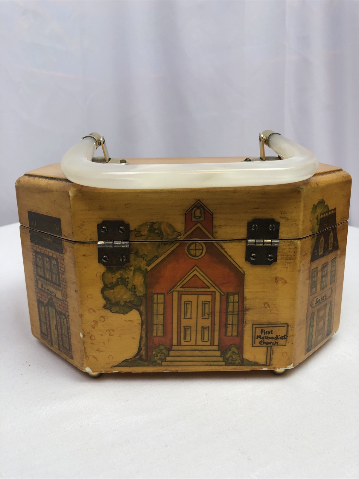 Vintage Marketplace Wooden Box Purse w/ MIRROR Decoupage Handbag 1970's ...