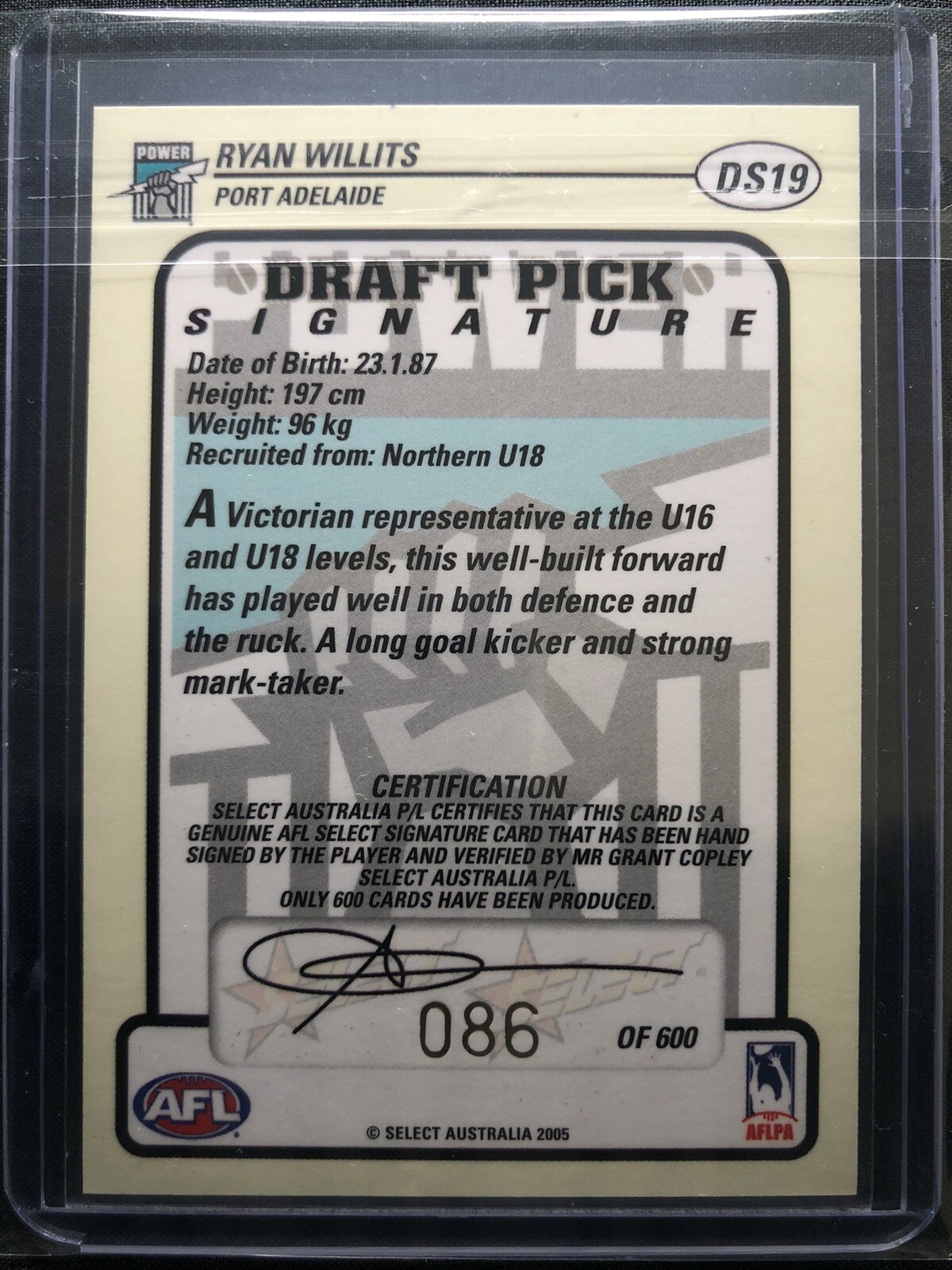 2005 Afl Select Tradition Draft Pick Signature Card DS19 Ryan Willits ...