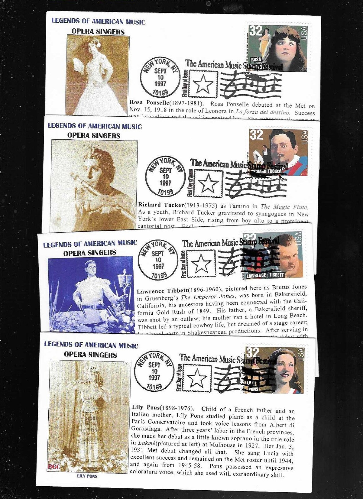 US FDC FIRST DAY COVERS OPERA SINGERS 1997 FOUR SETS OF 4 TOTAL 16 ...