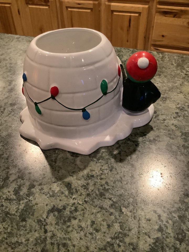Igloo Penguin Planter Candy Dish Candle Holder Winter Ceramic Christmas ...
