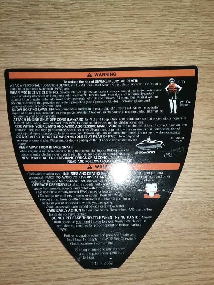 SEADOO WARNING LABEL DECAL GTI LE RFI RXP 155 255 INJURY DECALS STICKER ...