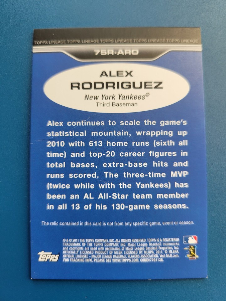 Alex Rodriguez 2011 TOPPS LINEAGE MINI GAME-USED JSY #75R-ARO NEW YORK ...