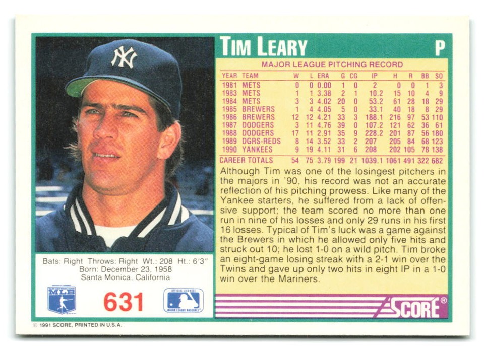 1991 Score Tim Leary #631 New York Yankees BASEBALL Card | eBay