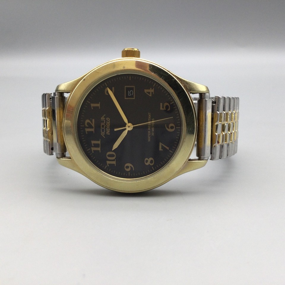 Vtg Timex Acqua Watch Men 36mm Gold Tone Indiglo Stretch Band New ...