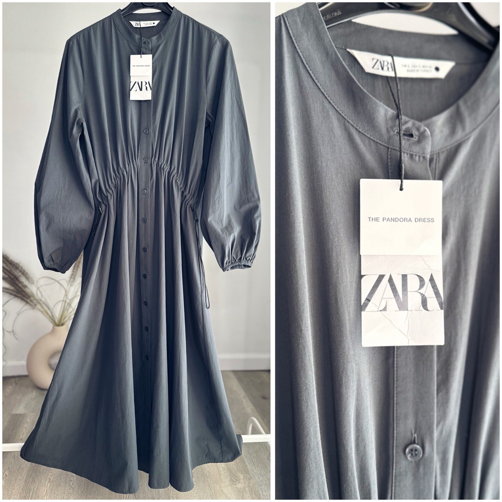 ZARA ADJUSTABLE WAIST DRESS POPLIN GRAY NWT S M | eBay