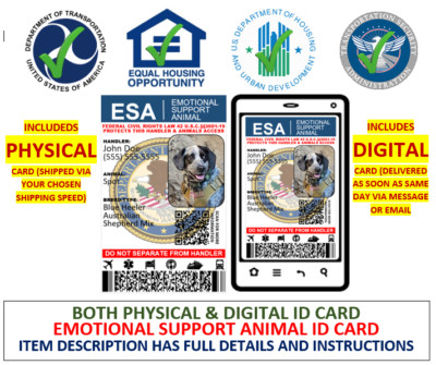 EMOTIONAL SUPPORT ANIMAL ESA ID CARD PLASTIC PERSONALIZED SINGLE SIDED ...