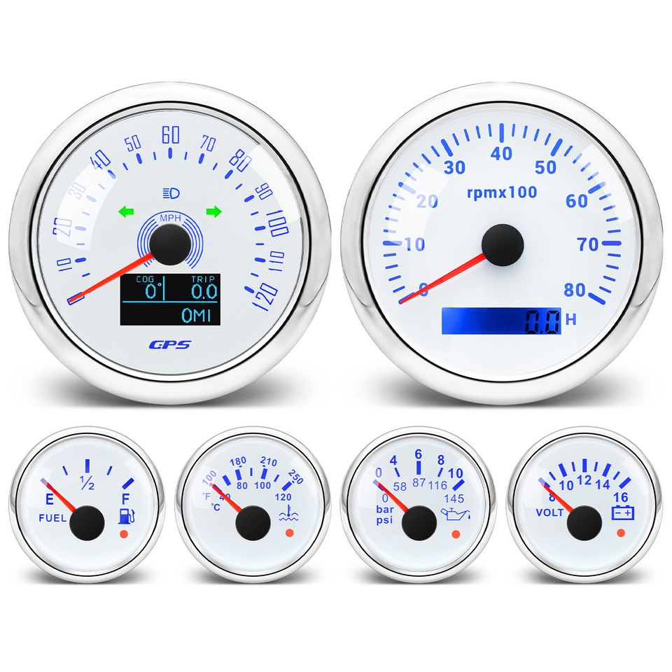 6 Gauge Set 85mm White GPS Speedometer 120MPH Tacho&52mm Fuel/Temp/Oil ...