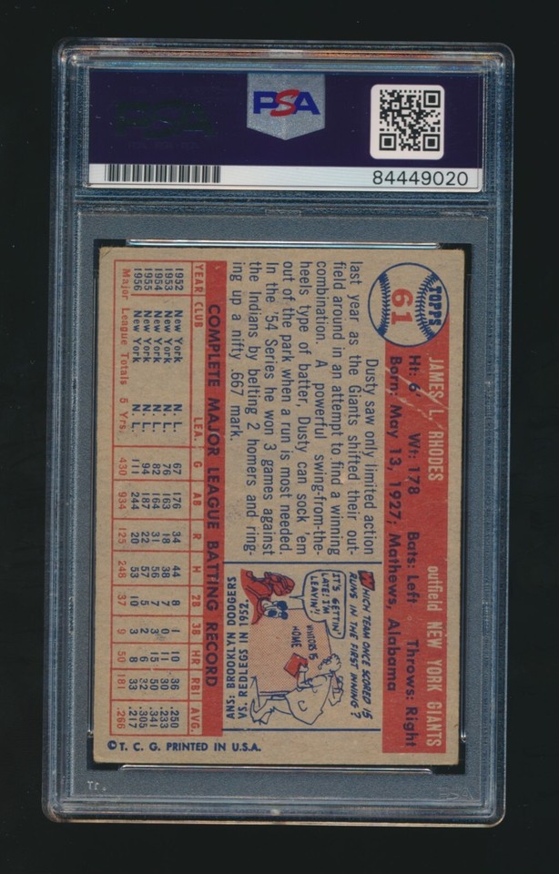 1957 Topps -#61 DUSTY RHODES (New York Giants) *AUTOGRAPHED* d.2009 ...