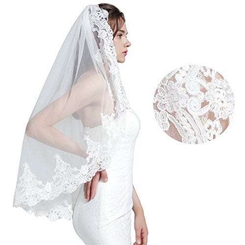 Wedding Bridal Veil with Comb 1 Tier All Lace Applique Edge Fingertip ...