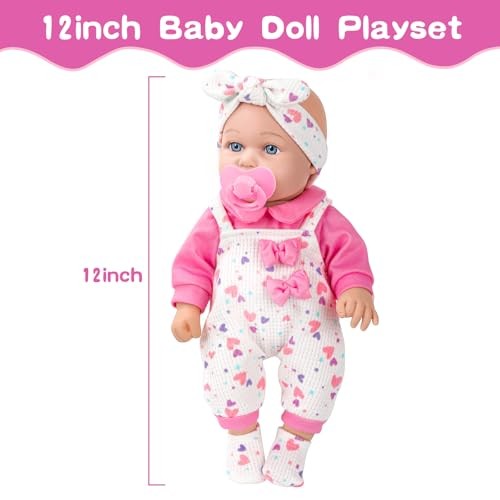 12" Baby Doll with Pink Bowknot Clothing Set,12 Inch Realistic Baby ...
