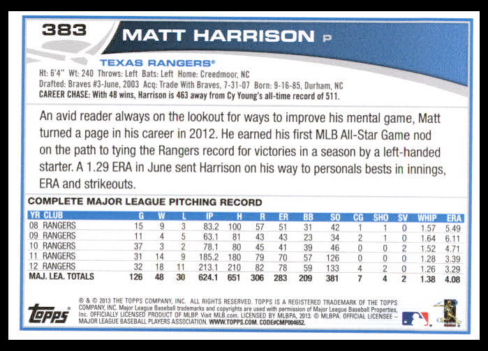2013 Topps #383 Matt Harrison Texas Rangers | eBay