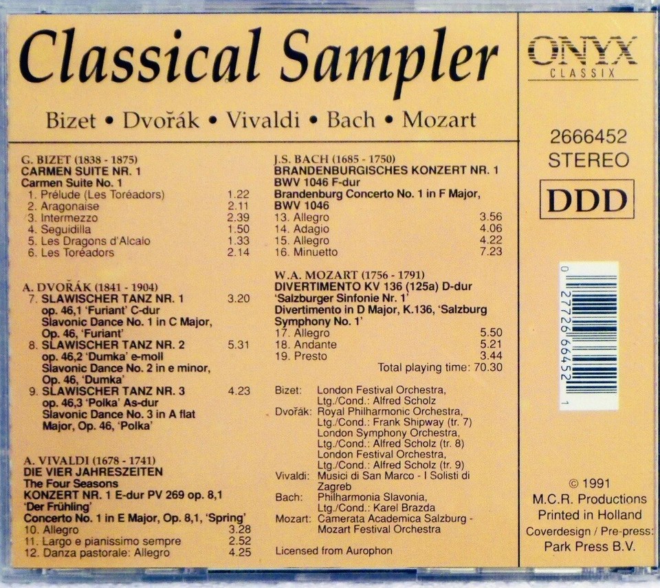 Onyx Classix Classical Sampler: Mozart, Dvorak, Vivaldi, Bach, Bizet ...