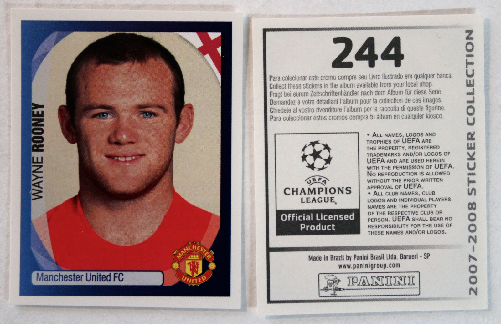 Panini Soccer Sticker Card Wayne Rooney No. 244 Champions League 2007/ ...