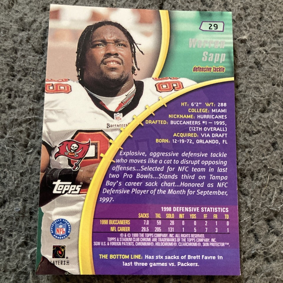 Warren Sapp 1999 Stadium Club Chrome #29 Tampa Bay Buccaneers Card | eBay
