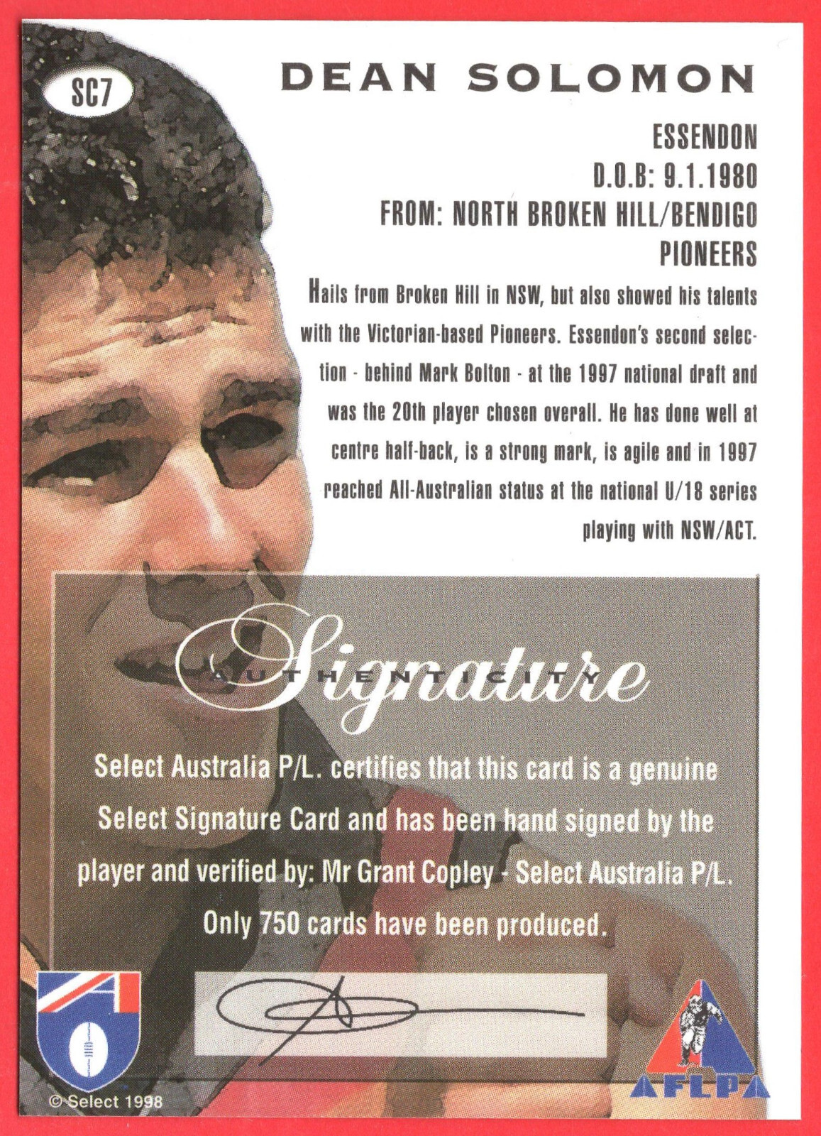 1998 AFL SELECT [DRAFT PICK SIGNATURE] CARD - SC7 Dean SOLOMON ...
