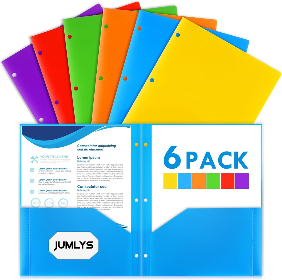 6 Pack 2 Pocket Folders with 3 Holes Punch, Plastic Folder for 3 Ring ...