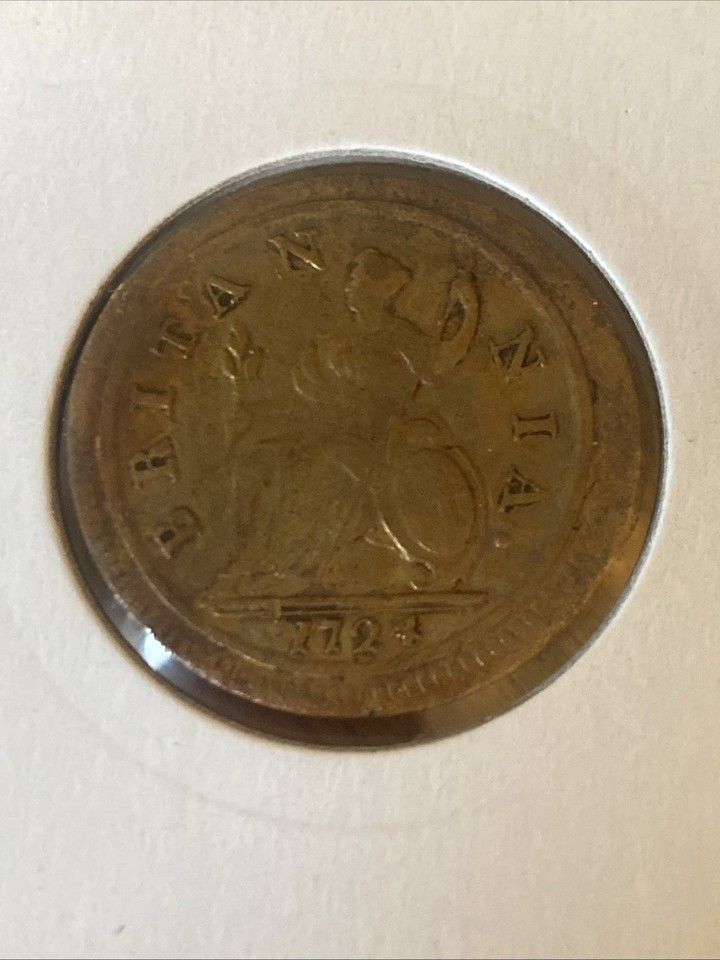 1724 British George I Half Penny Coin (29403) POSSIBLY CLEANED COLOUR ...