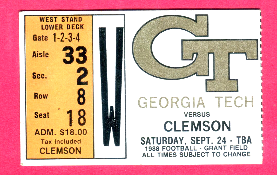 9/24/88 FOOTBALL TICKET STUB-CLEMSON/GA TECH | eBay