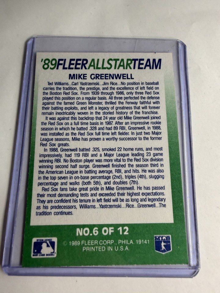 COOL FLEER '89 ALL STAR TEAM CHASE BASEBALL CARD BOSTON RED SOX MIKE ...